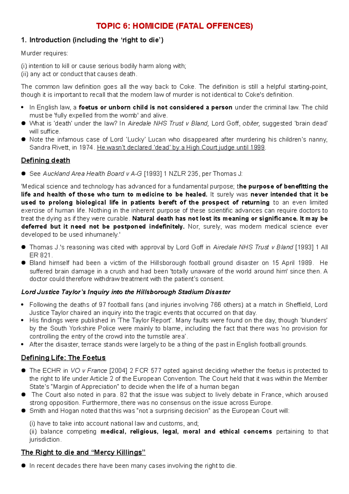 Topic 6 Homicide - Notes - TOPIC 6: HOMICIDE (FATAL OFFENCES) 1 ...
