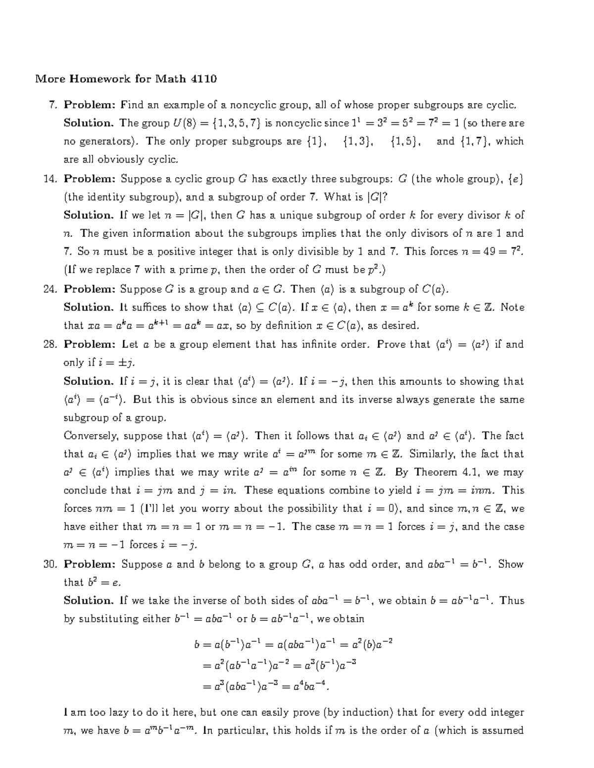 Chap4-HW - This helps - More Homework for Math 4110 Problem: Find an example of a noncyclic ...