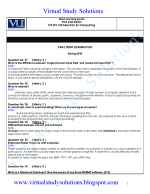 Cs101 1 to 81 Quiz - QUIZ - MCQS of CS ( MID Term ) Attention: Material on Vulhr is Legally ...