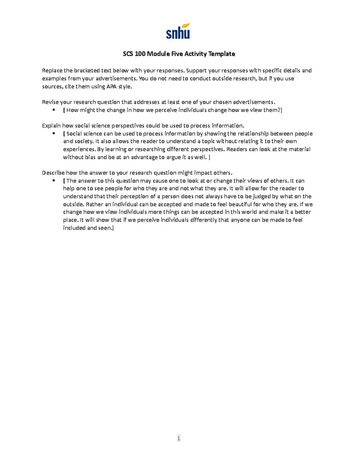 SCS 100 Module Five Activity Template - SCS 100 Module Five Activity Template Replace the ...