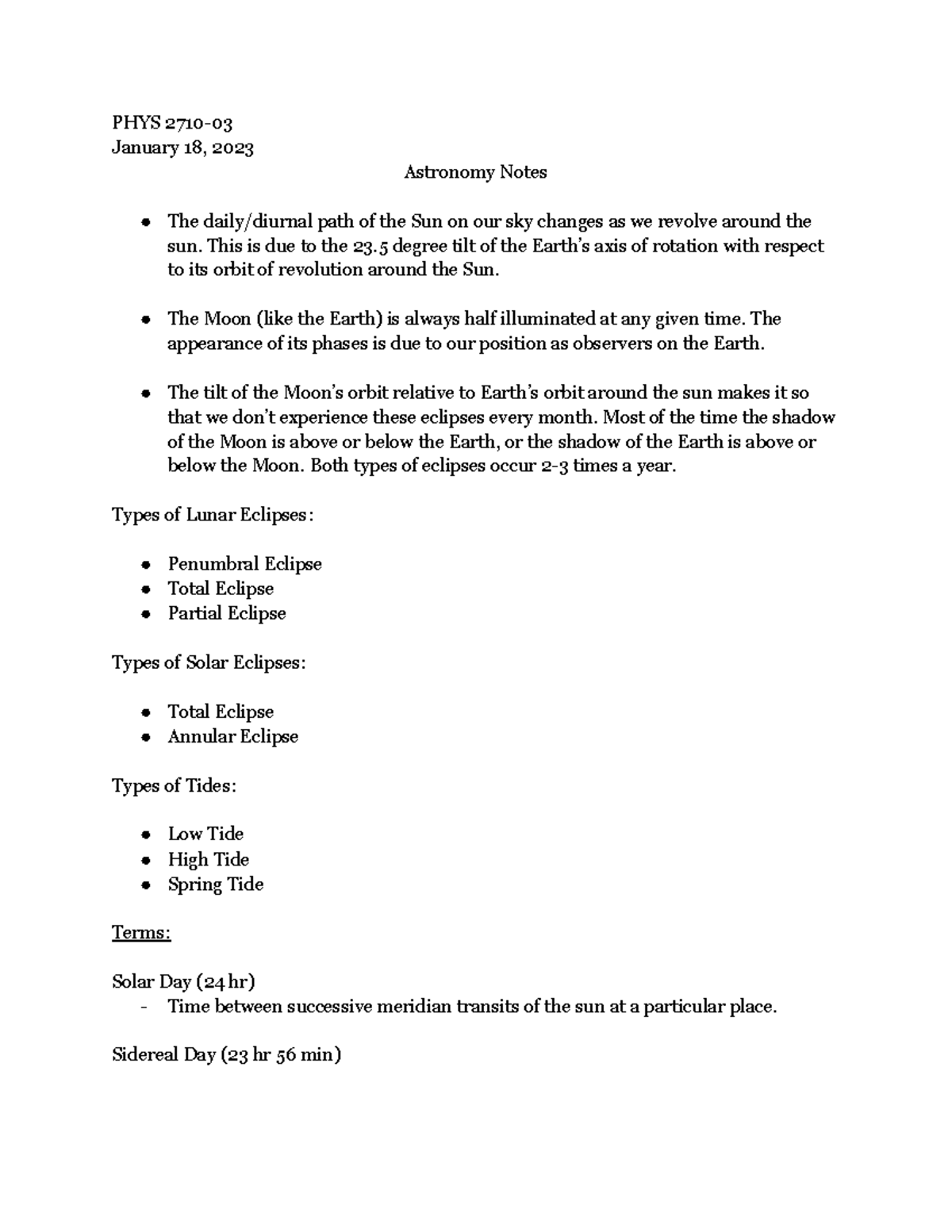 Astronomy Notes - 1 18 23 - PHYS 2710- January 18, 2023 Astronomy Notes ...
