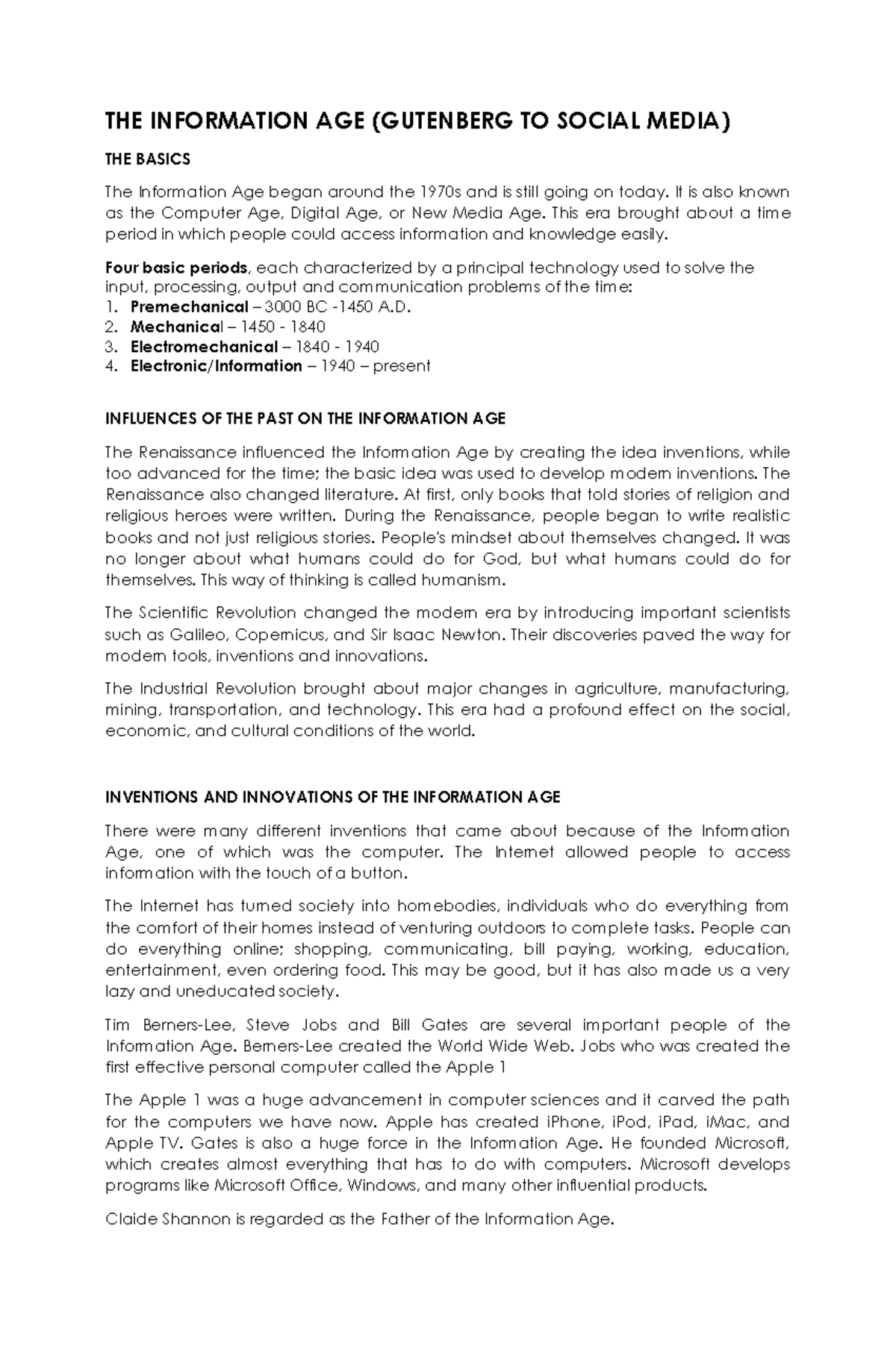 THE Information AGE - Notes - THE INFORMATION AGE (GUTENBERG TO SOCIAL ...