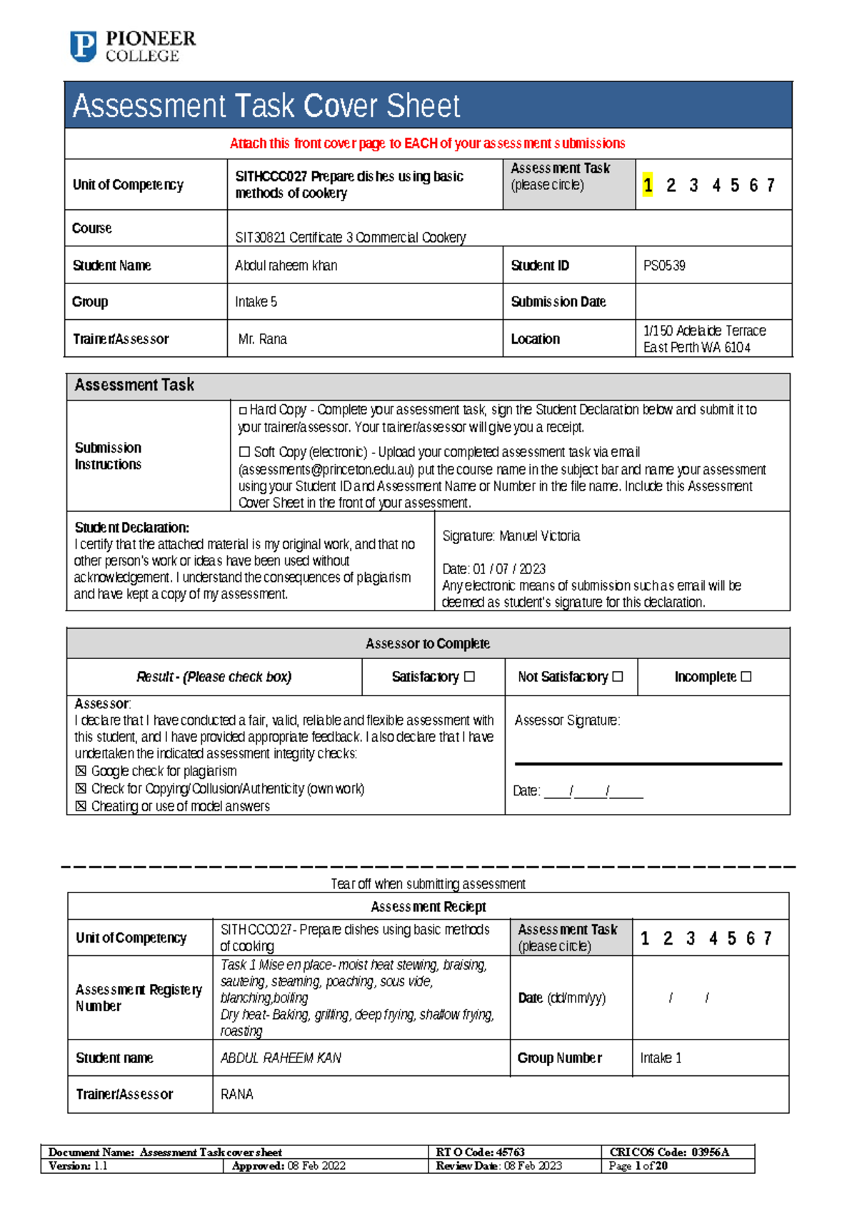 Sithccc 027 Assessment Task 1 April Intake.v1.1 1 - Assessment Task ...