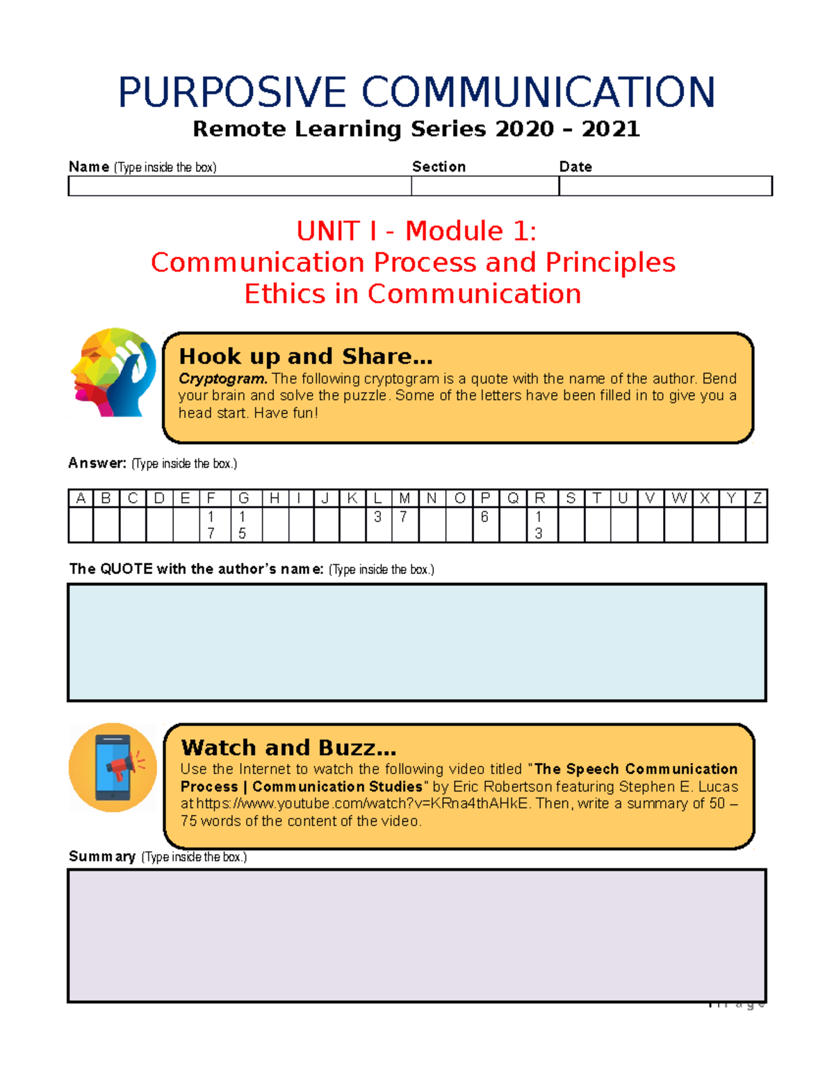 GEPC Module 1 - Activity Answer Sheet - PURPOSIVE COMMUNICATION Remote Learning Series 2020 ...
