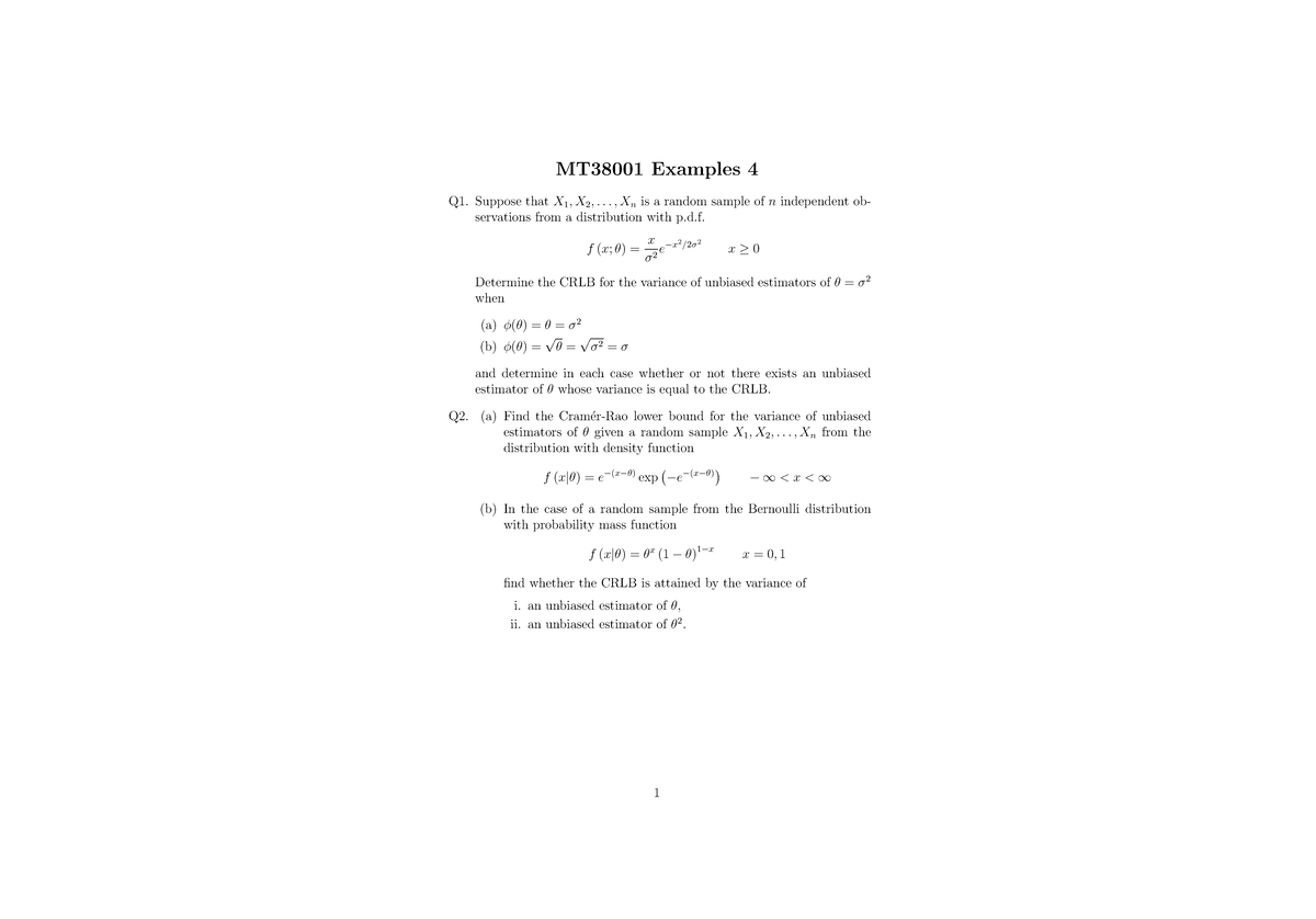 Sheet 4 - MT38001 Examples 4 Q1. Suppose that X 1 , X 2 ,... , Xn is a random sample of n - Studocu