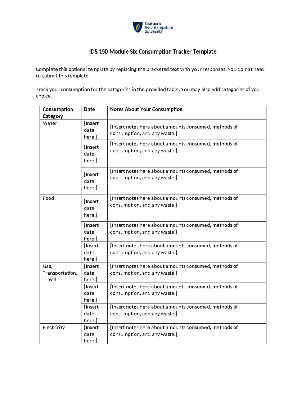 IDS 150 Module Six Consumption Tracker - You do not need to submit this ...