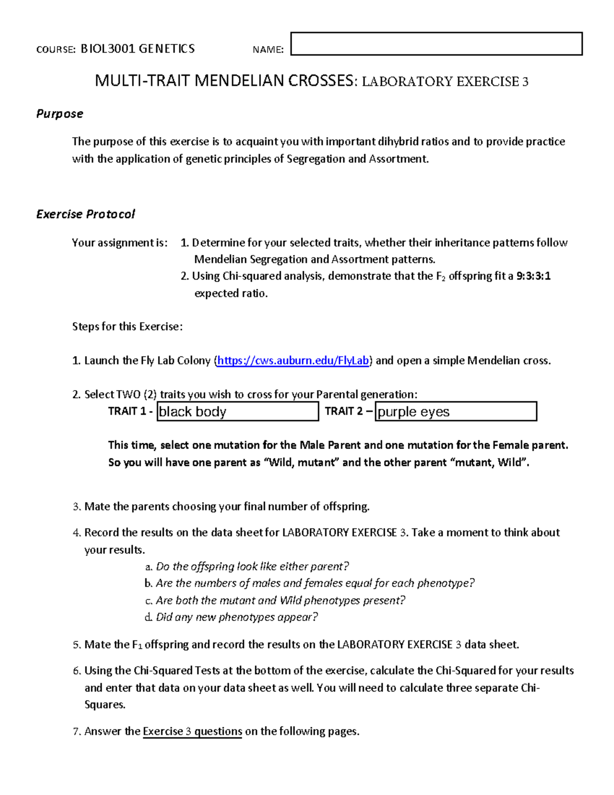 Mendelian Genetics Lab Exercise 3 DATA Sheet - Mendelian Genetics Lab ...