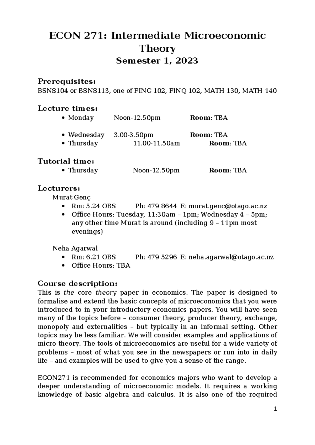 ECON271 Main course handout 2024 - ECON 271: Intermediate Microeconomic ...