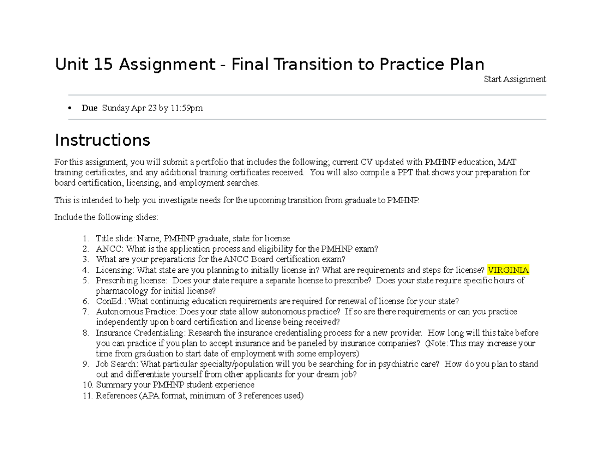 Unit 15 Assignment Instructions - Unit 15 Assignment - Final Transition ...