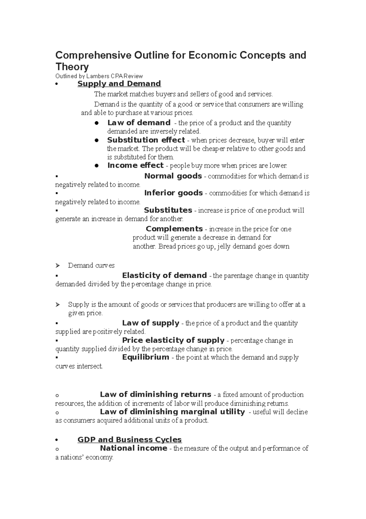 Comprehensive Outline for Economic Concepts and Th - Comprehensive ...