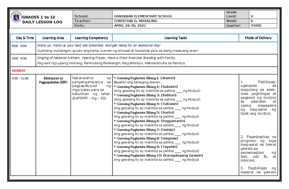 Grade 5 ALL Subjects WHLP Q3 W6 - Day & Time Learning Area Learning ...