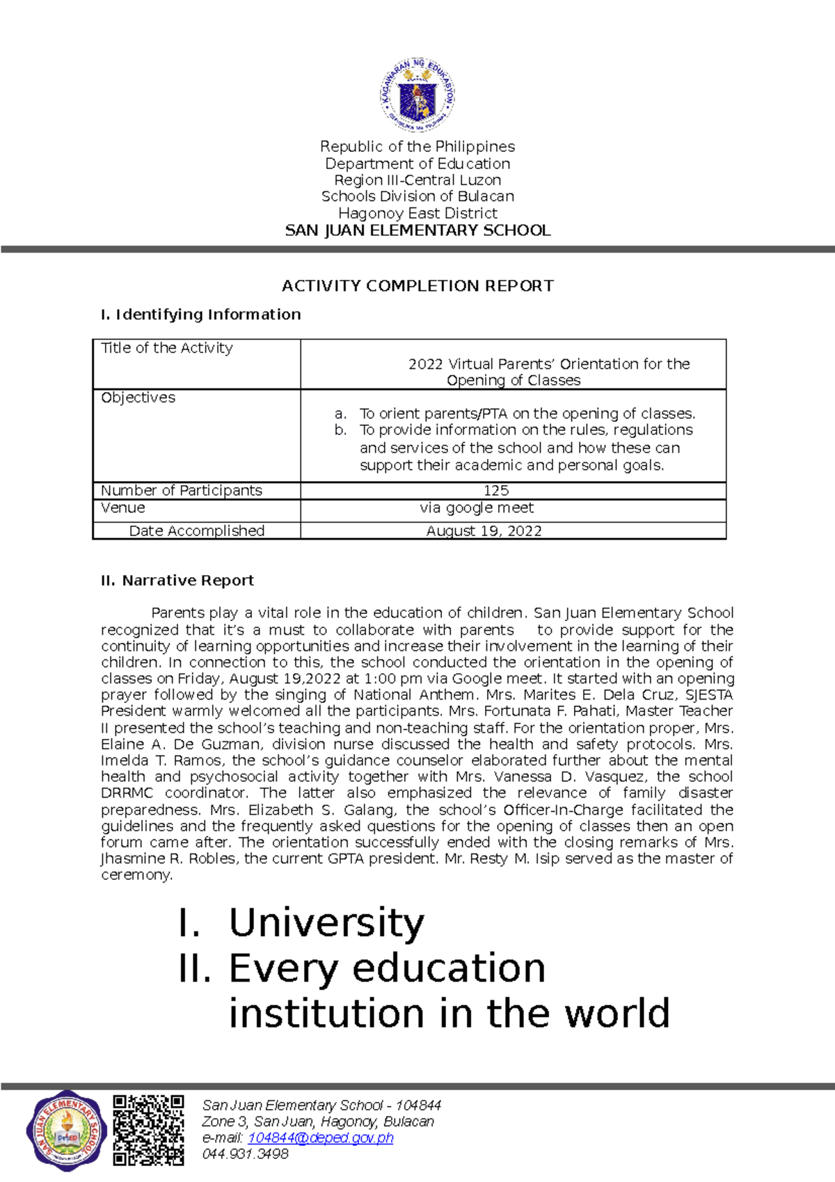 Acr orientation of parents final - Department of Education Region III ...