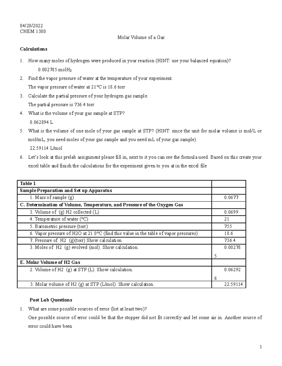 Molar Volume of a Gas Calculations - Studocu