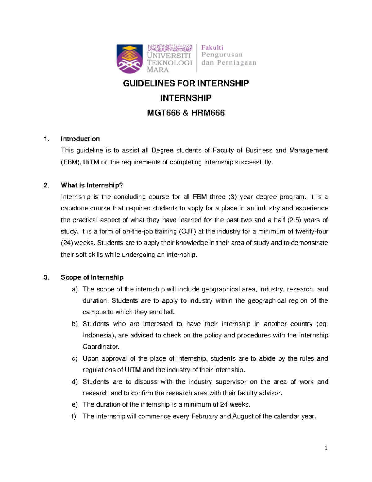 Guidelines FOR Internship - GUIDELINES FOR INTERNSHIP INTERNSHIP MGT666 & HRM Introduction This ...