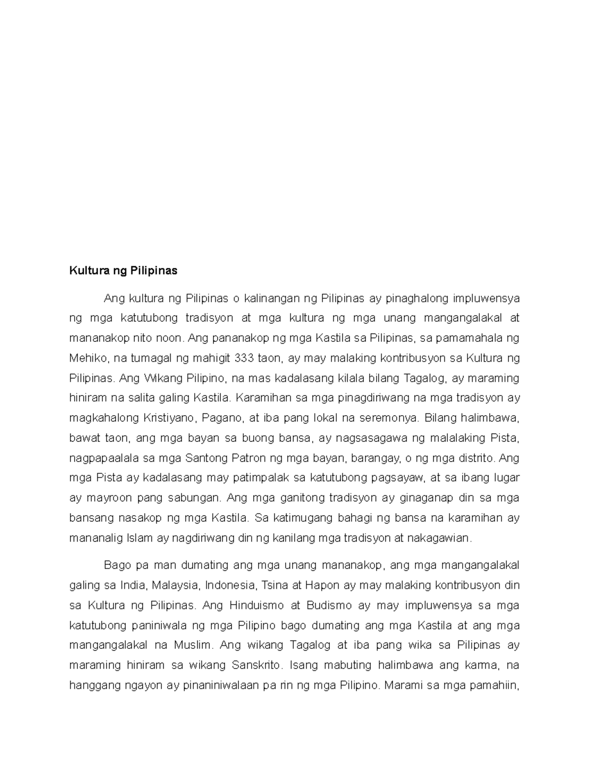 Kulturang popular module - Kultura ng Pilipinas Ang kultura ng Pilipinas o kalinangan ng ...