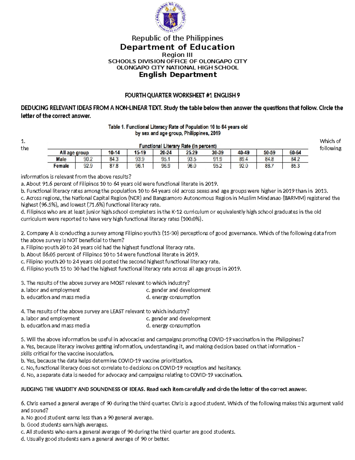 Fourth Quarter Grade 9 Worksheet 1 3 - Department of Education Region ...