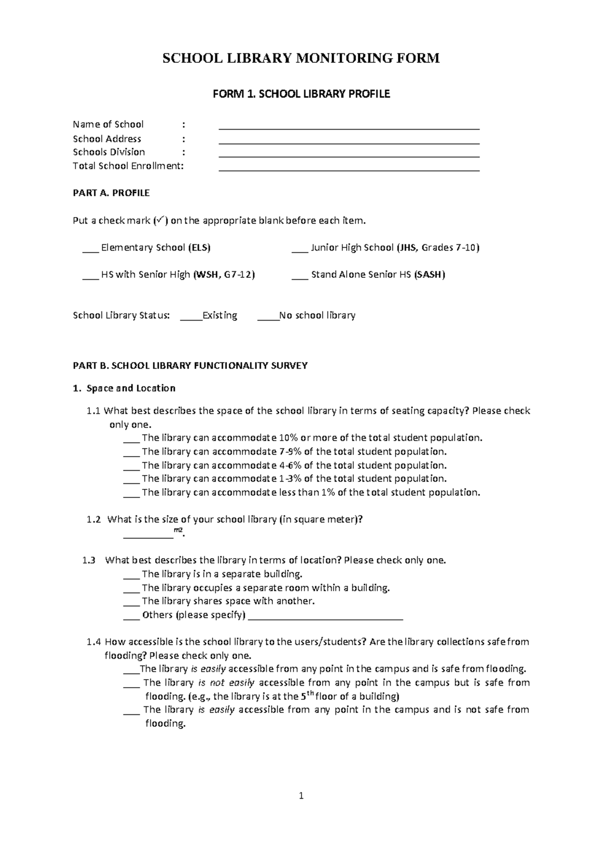 School Library Monitoring FORM - SCHOOL LIBRARY MONITORING FORM FORM 1 ...