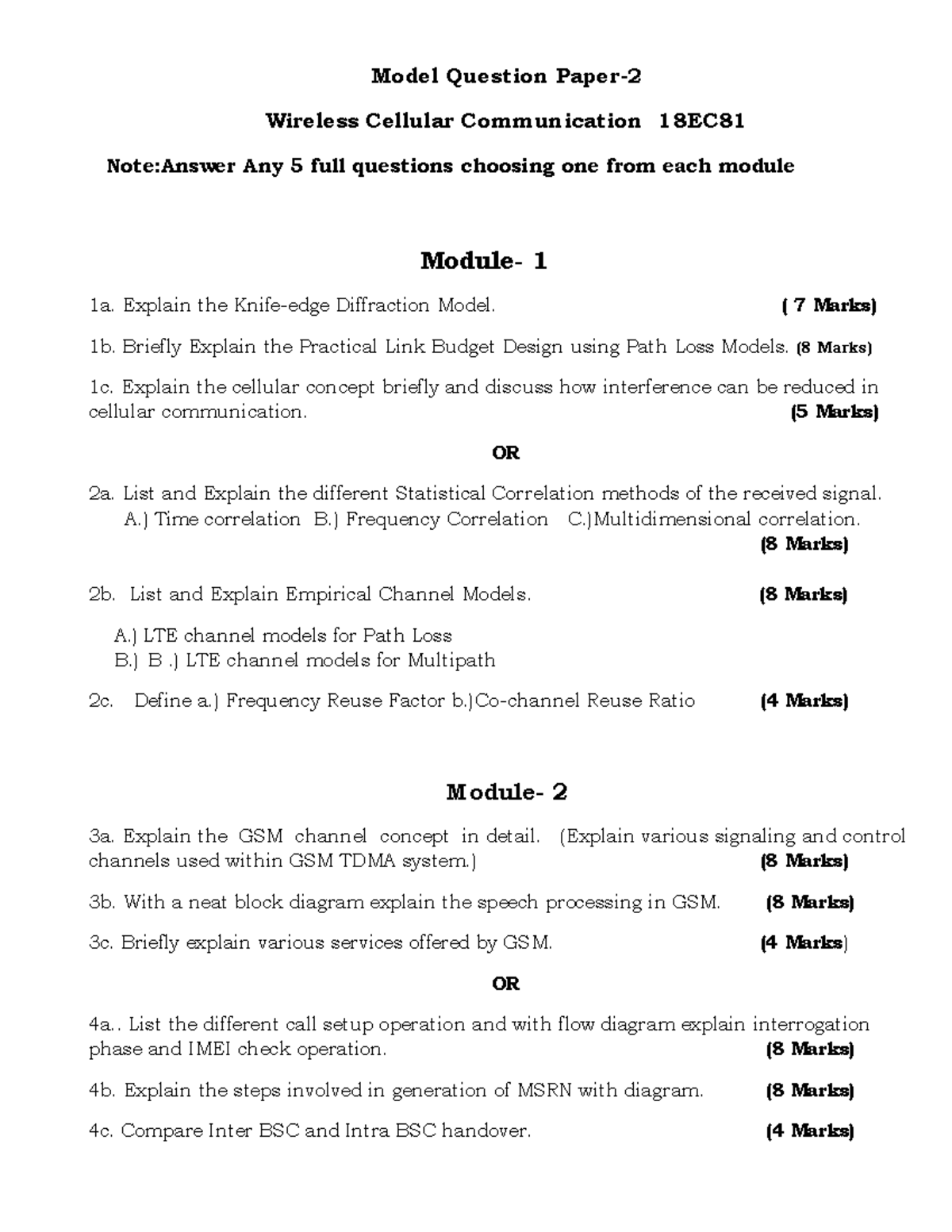 WCC model paper- 2 - notes - Model Question Paper- 2 Wireless Cellular ...