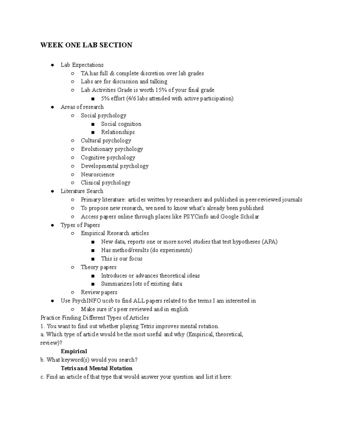 Lab Week 1 Notes - WEEK ONE LAB SECTION Lab Expectations TA has full ...