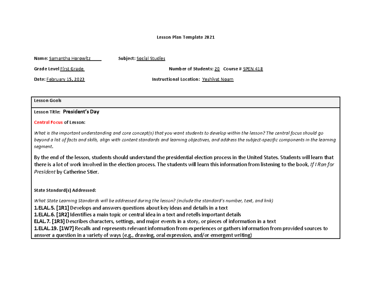 Social Studies - .... - Lesson Plan Template 2021 Name: Samantha ...