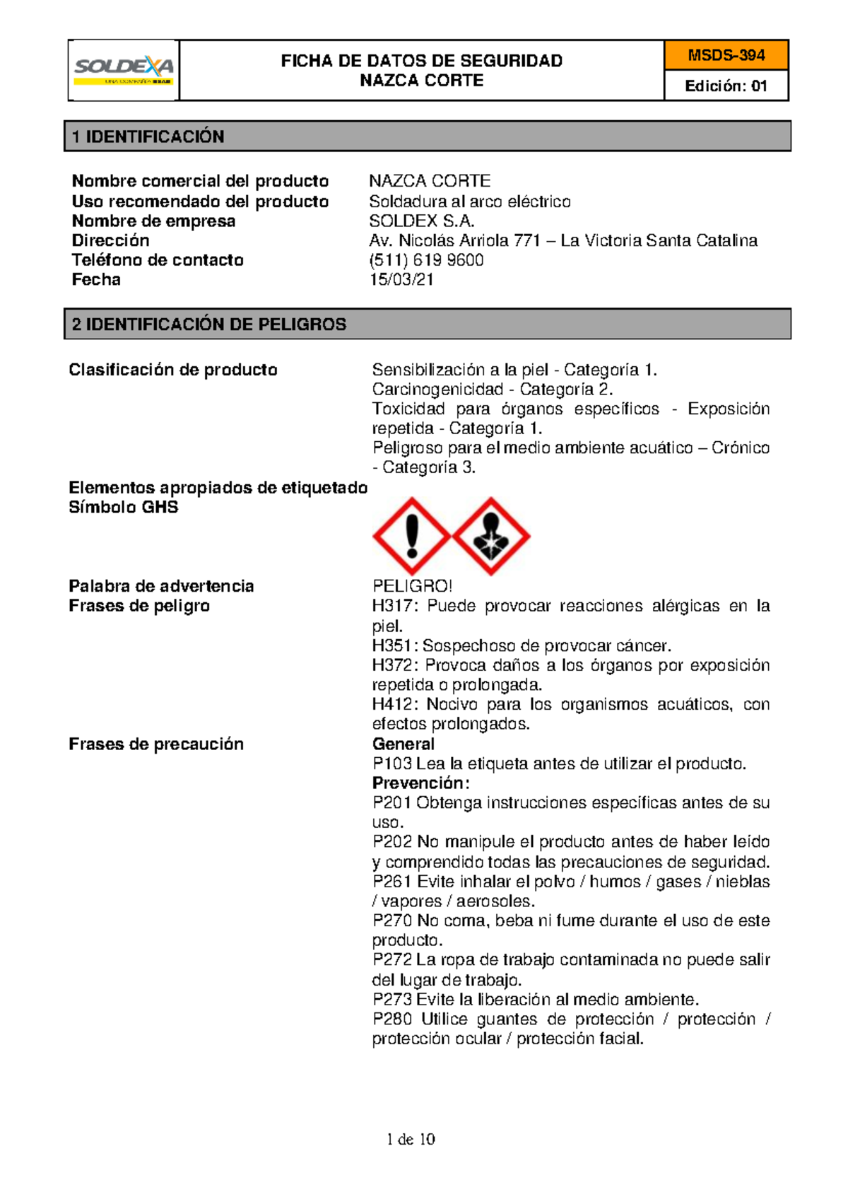 3.1 HOJA MSDS Chamfercord - Nazca Corte - FICHA DE DATOS DE SEGURIDAD ...