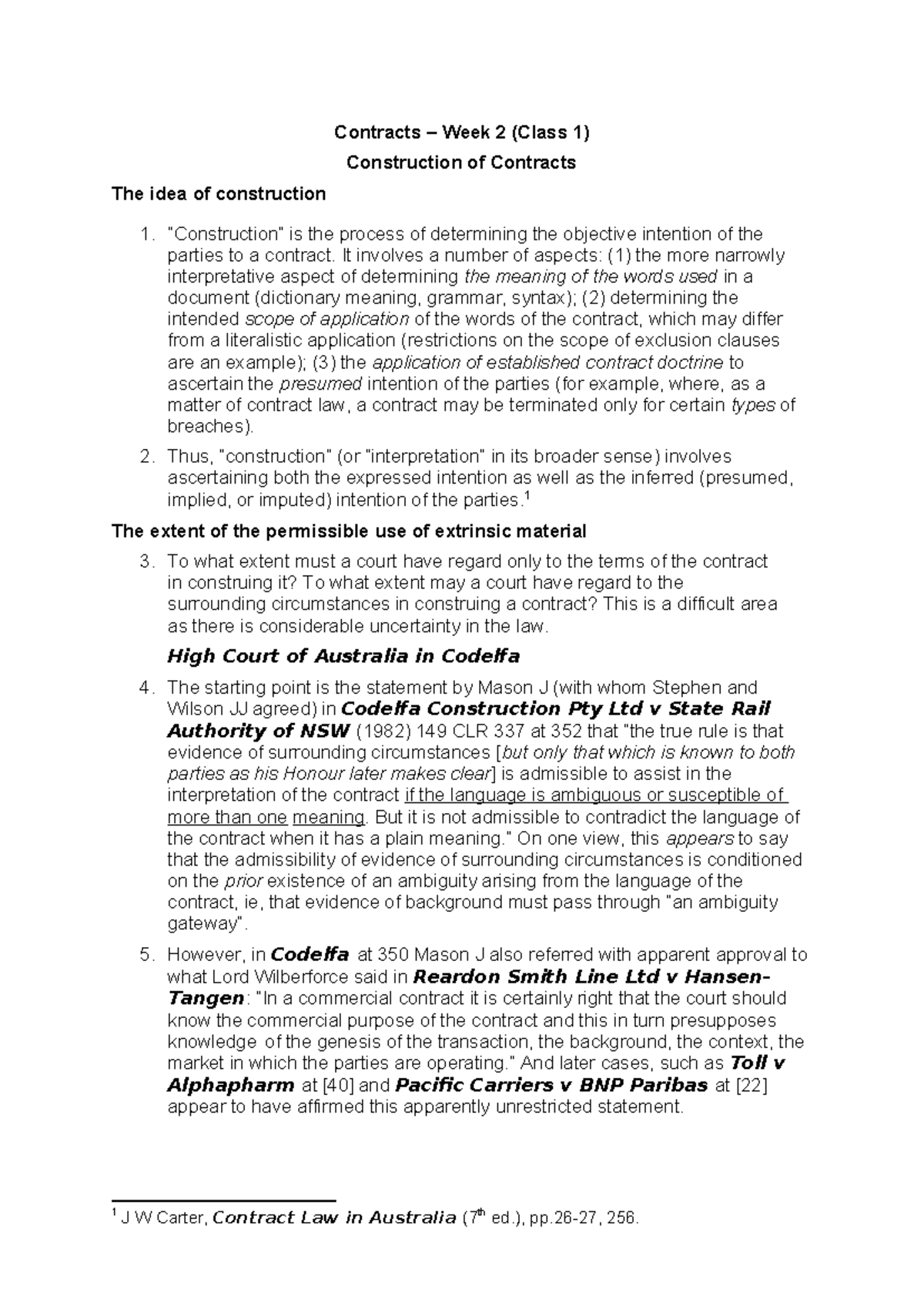 Contracts Outline - Week 2 Class 1 - The idea of construction Contracts – Week 2 (Class 1) - Studocu