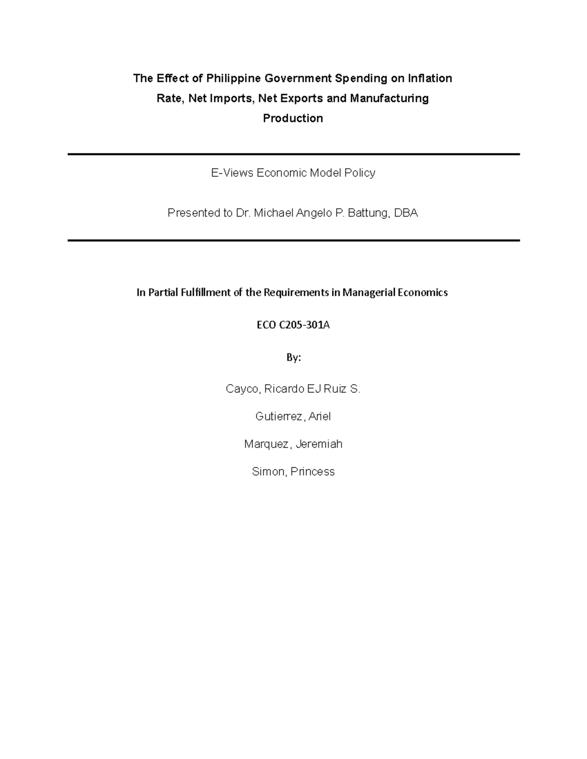 E Views Economic Model Policy Group 5 - The Effect of Philippine ...