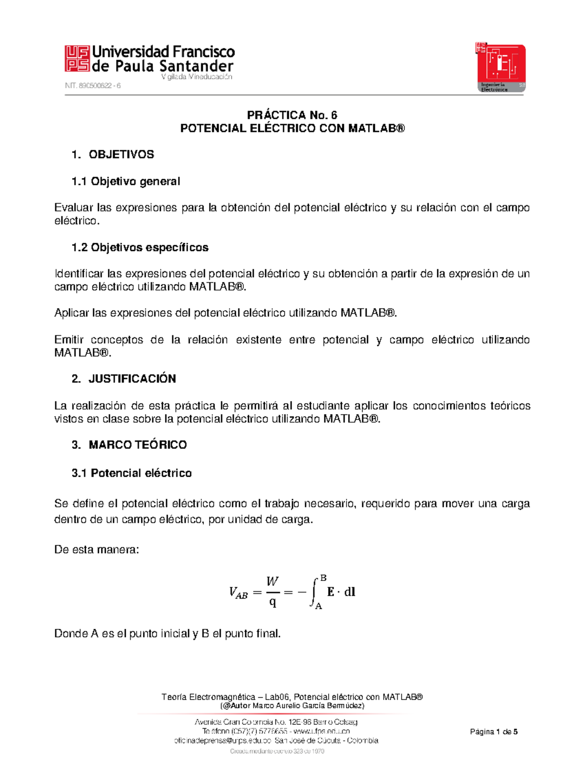 06. TE, Lab06 - Potencial eléctrico con Matlab - Warning: TT: undefined function: 32 Teoría ...
