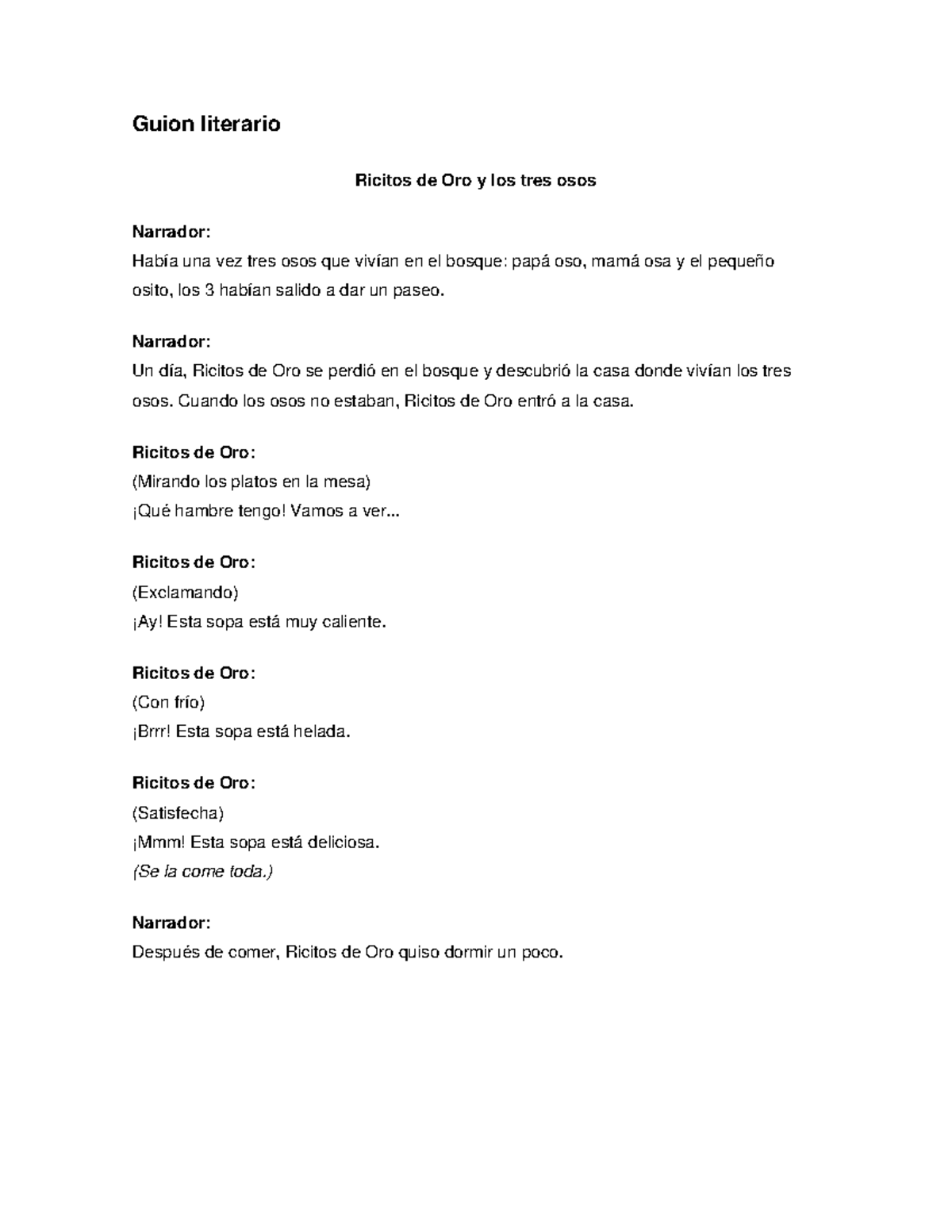 Guión técnico (Risitos de oro) - Guion literario Ricitos de Oro y los ...