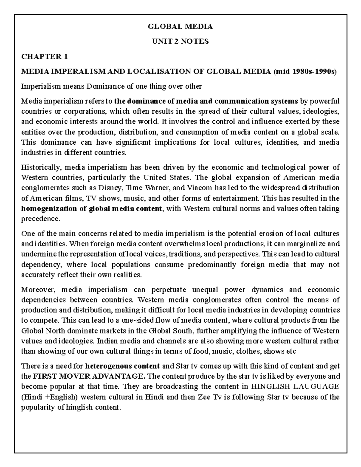 Global Media UNIT 2 - lecture notes - GLOBAL MEDIA UNIT 2 NOTES CHAPTER ...