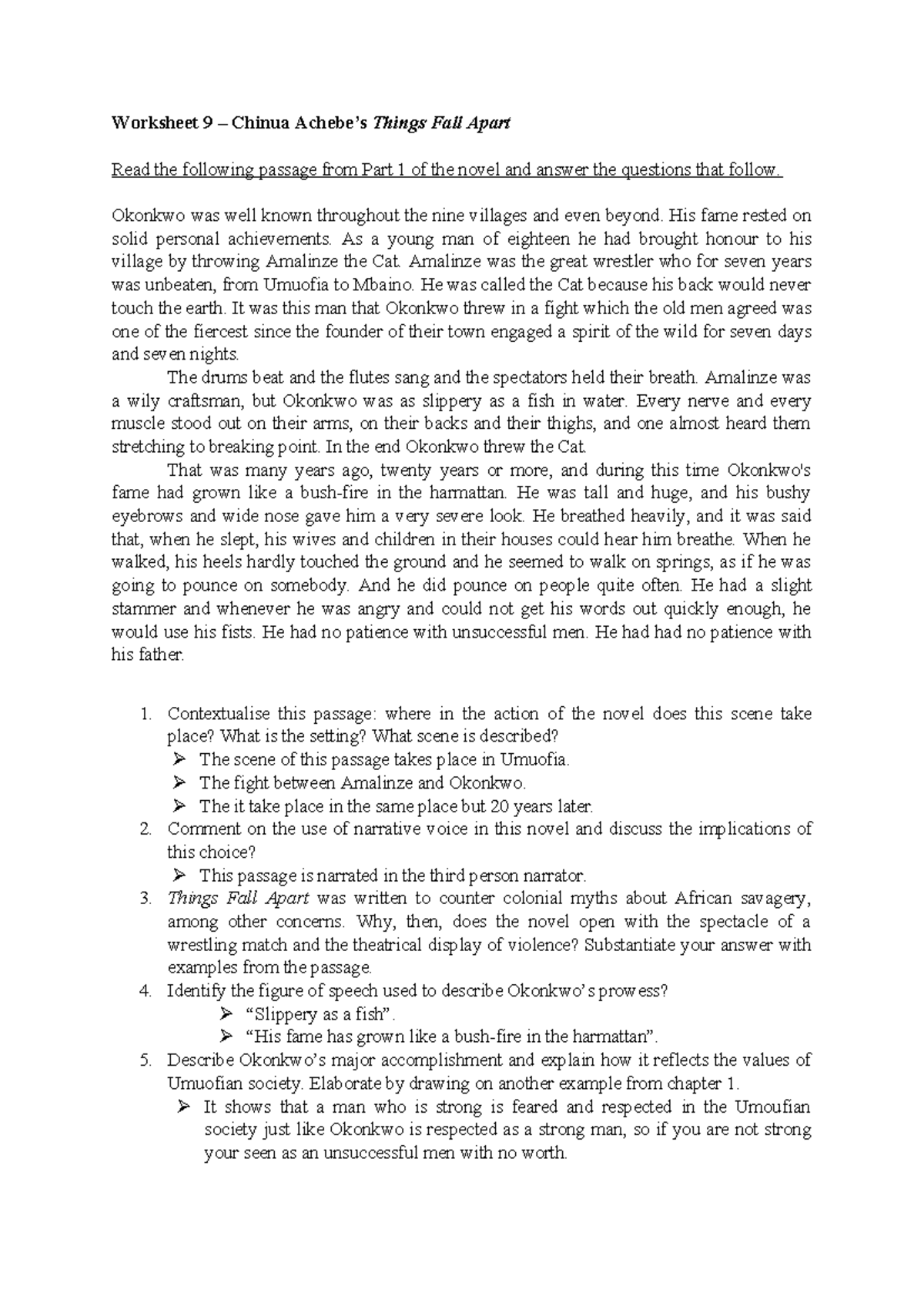 Worksheet 9 TFA - Worksheet 9 – Chinua Achebe’s Things Fall Apart Read ...