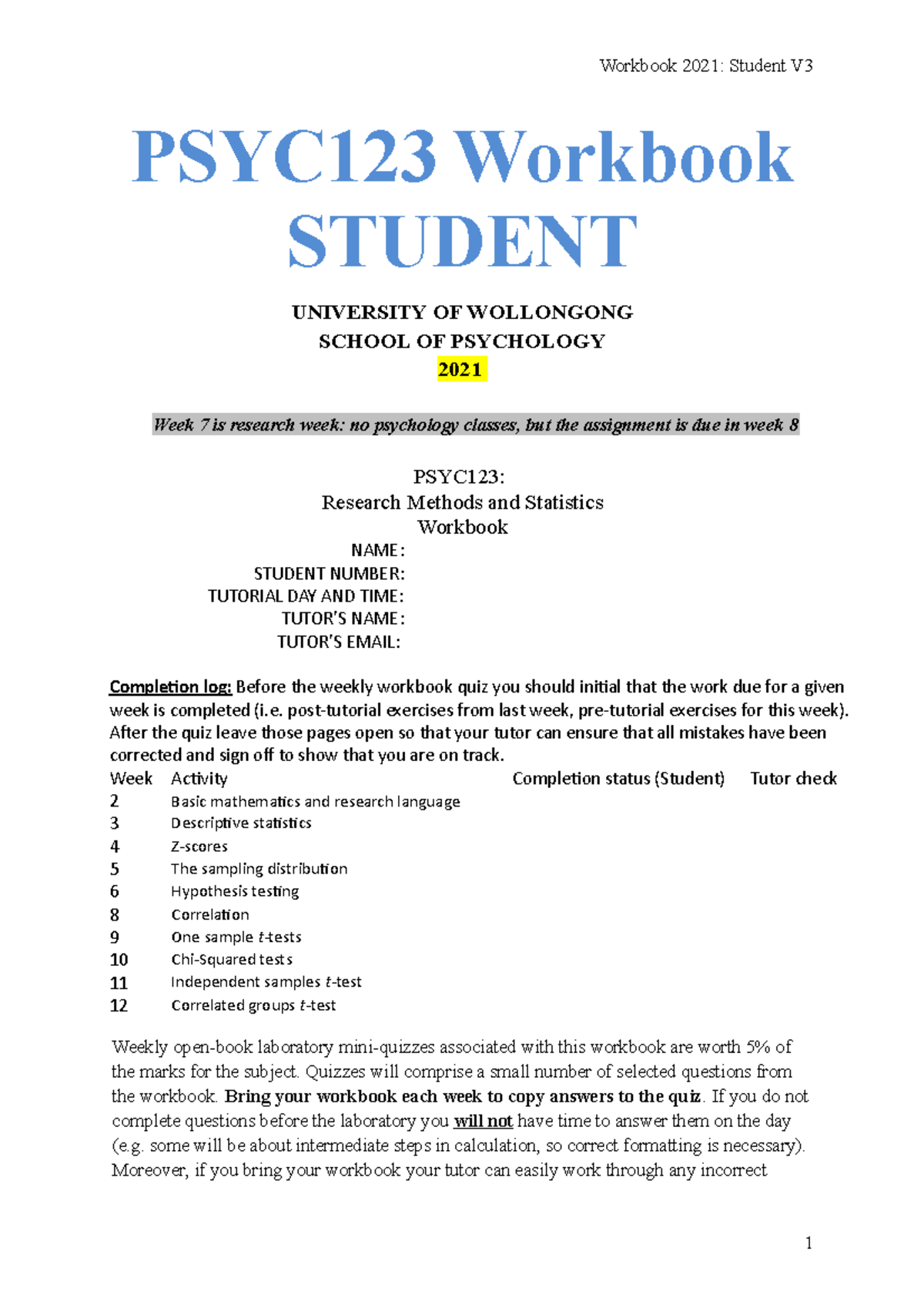 PSYC Workbook 2021 - PSYC123 Workbook STUDENT UNIVERSITY OF WOLLONGONG ...