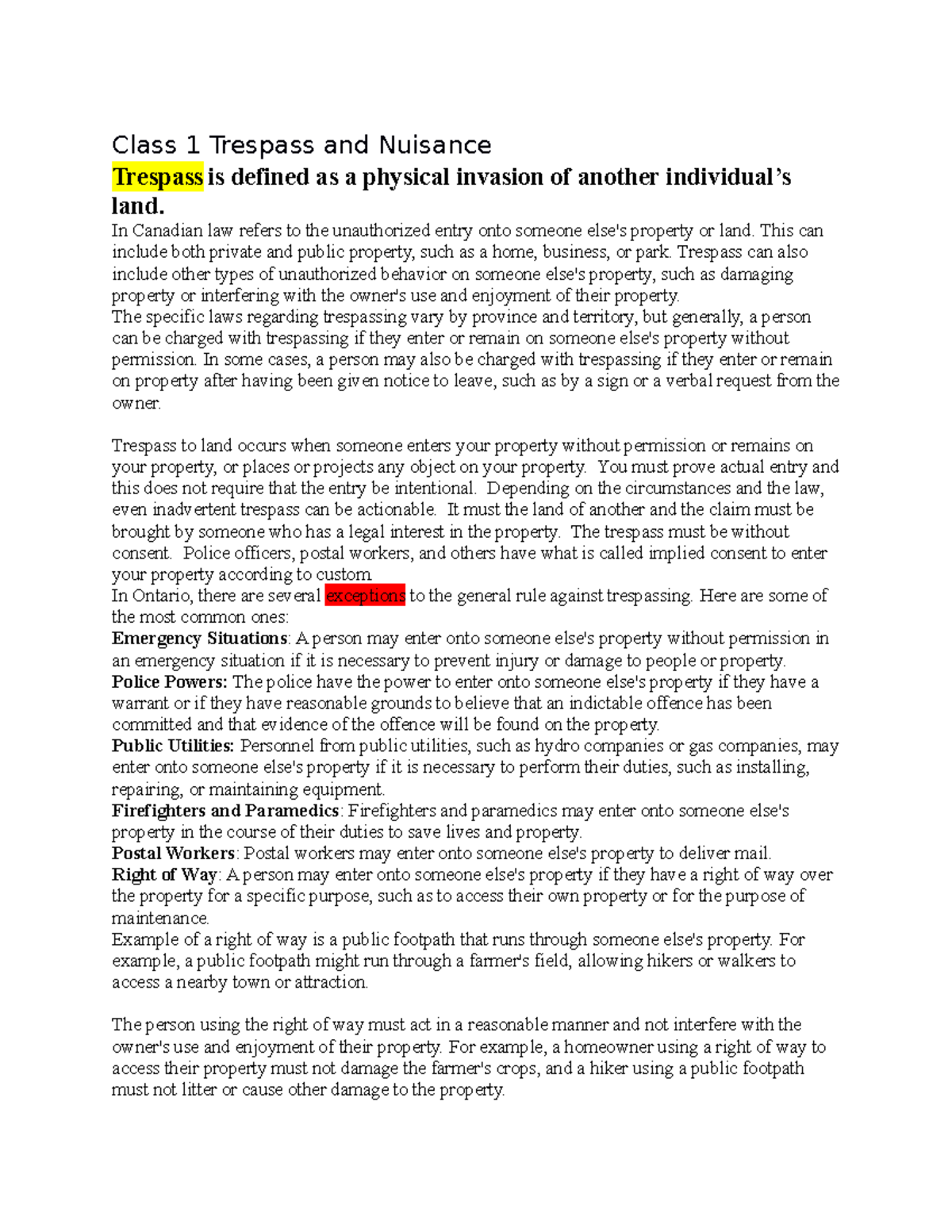 Notes - n/a - Class 1 Trespass and Nuisance Trespass is defined as a ...