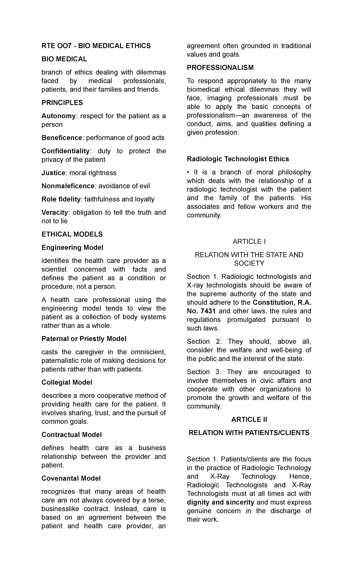 RTE OO7 BIO Medical Notes - RTE OO7 - BIO MEDICAL ETHICS BIO MEDICAL ...