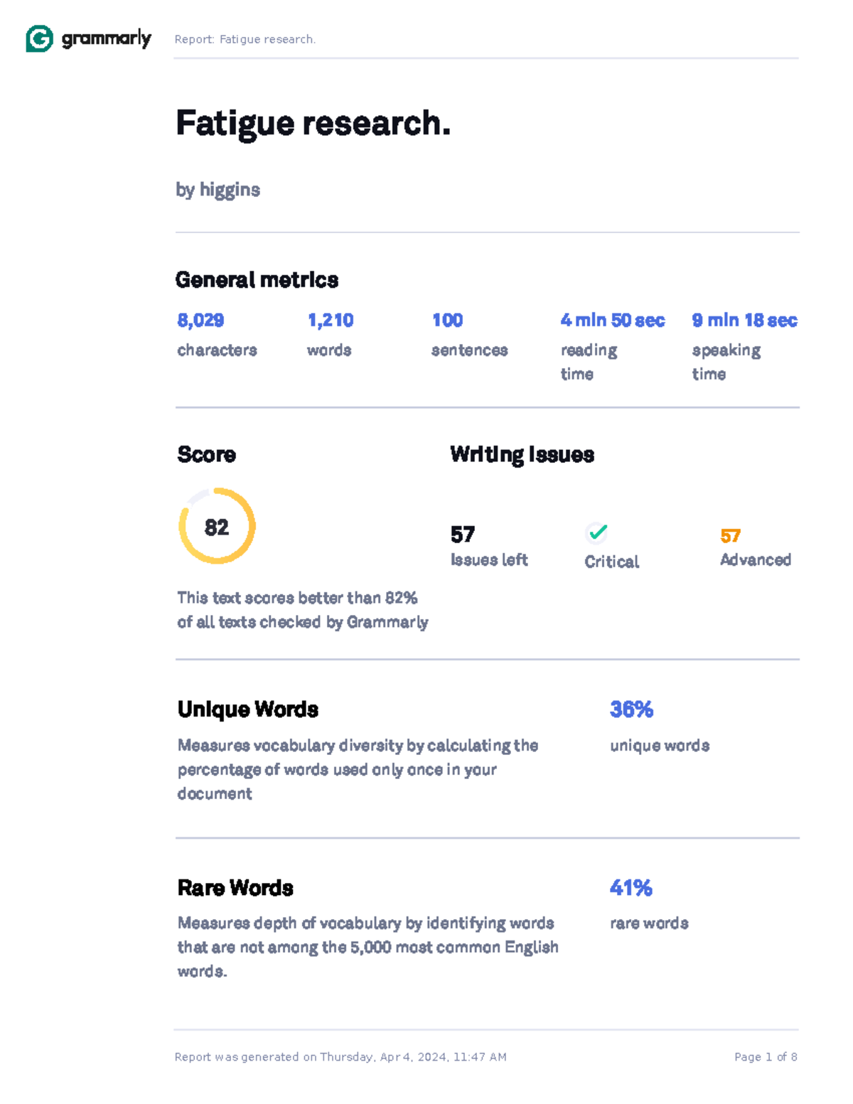 Report - Fatigue research. by higgins General metrics 8,029 1,210 100 4 ...