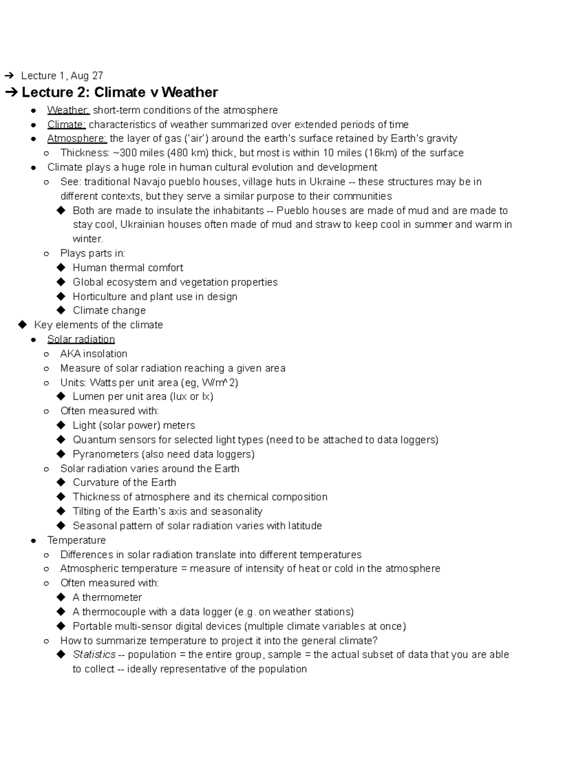 LDA 110 Notes - fall - Lecture 1, Aug 27 Lecture 2: Climate v Weather ...