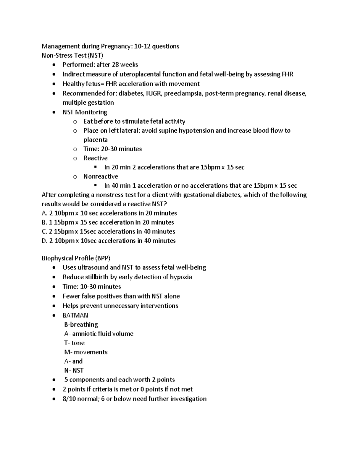 OB 3 - notes - Management during Pregnancy: 10-12 questions Non-Stress ...