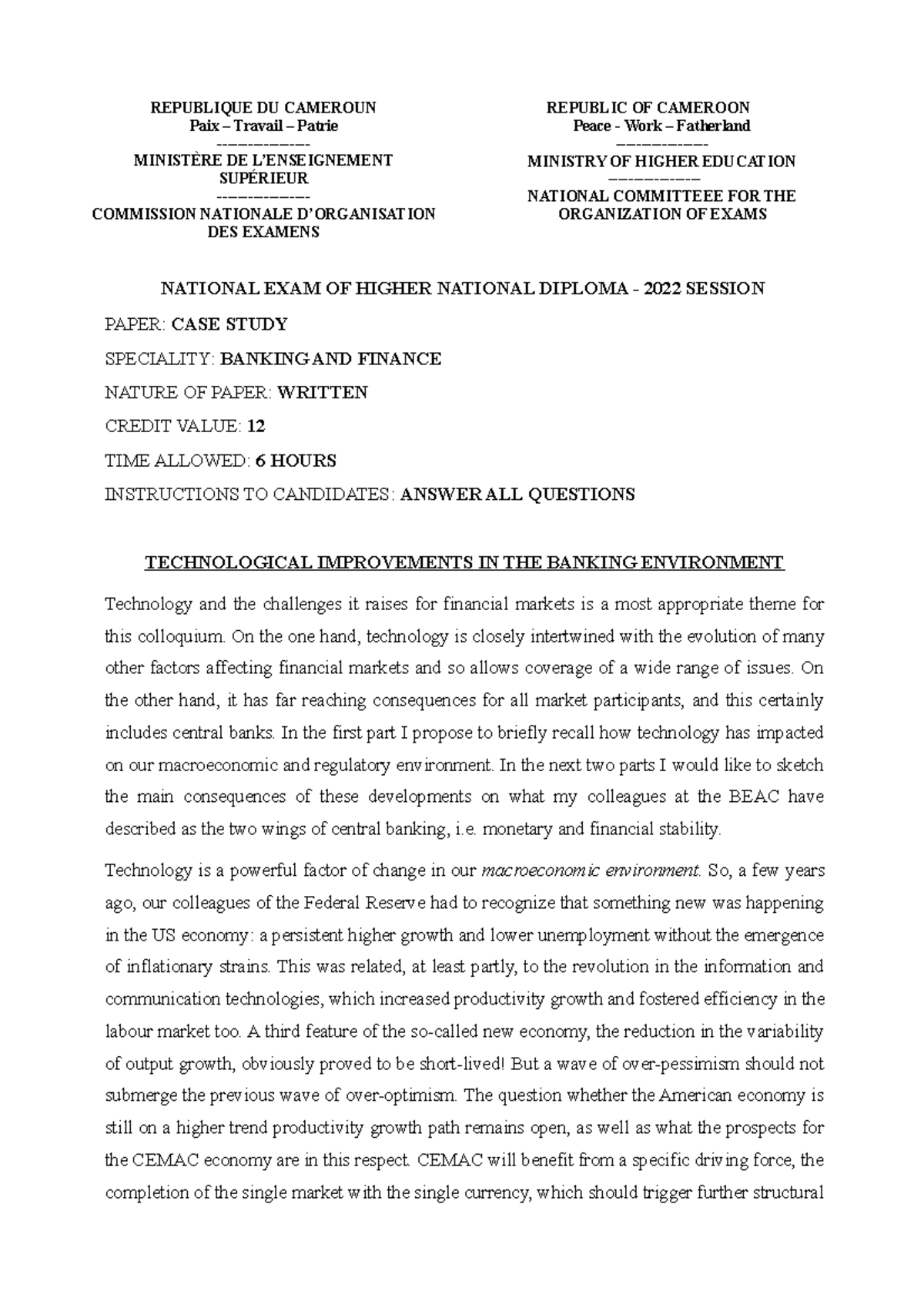 Banking and Finance - HND Questions Speciality papers - Set 1 - PAPER ...