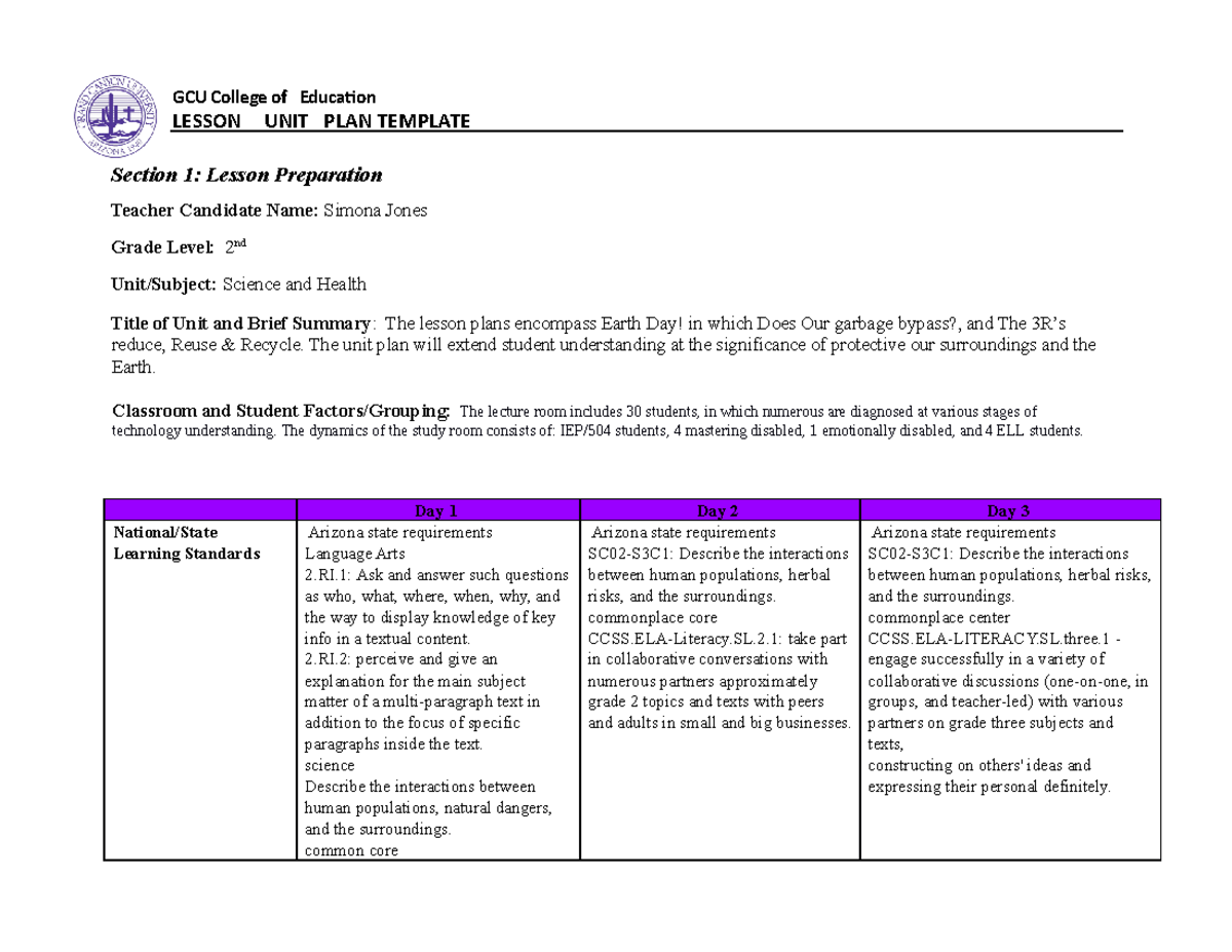 Unit-plan-template- for grand canyon - SPED-300 - GCU - Studocu