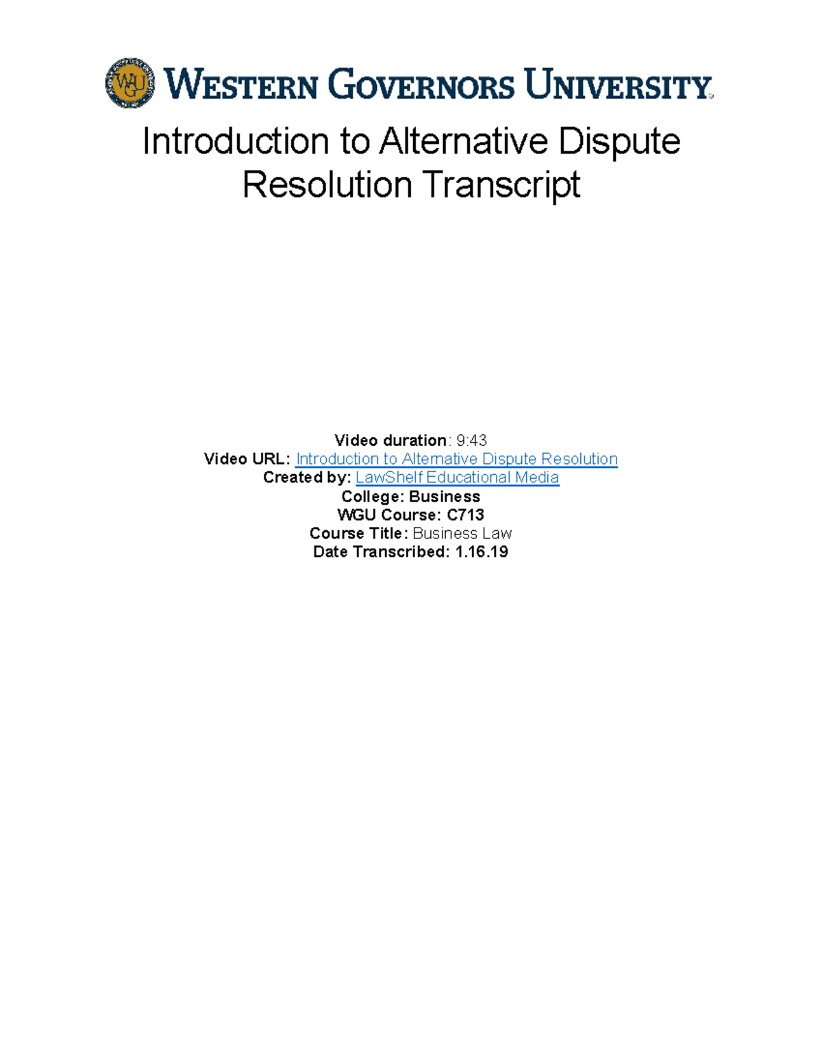 C713 v3 introduction alternative dispute resolution transcript - Introduction to Alternative ...
