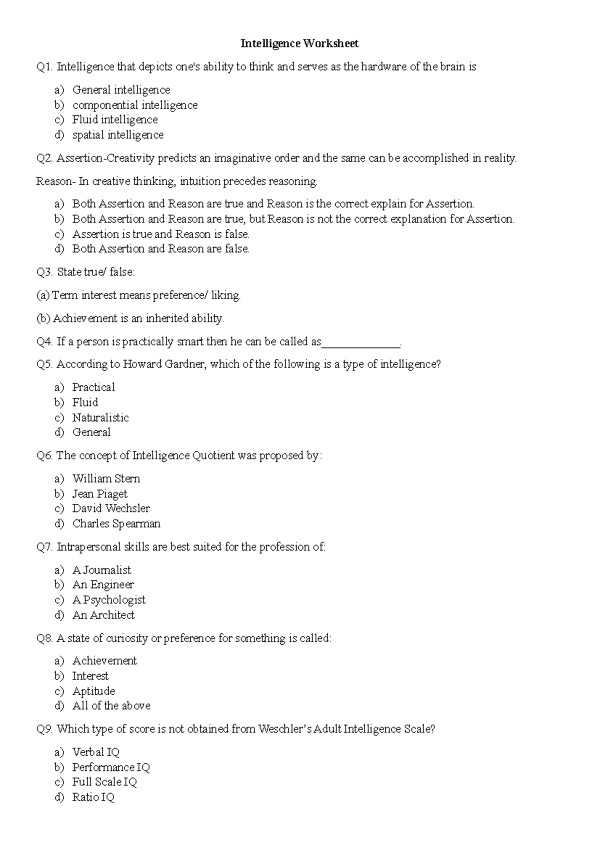 Intelligence Worksheet - Intelligence that depicts one's ability to ...