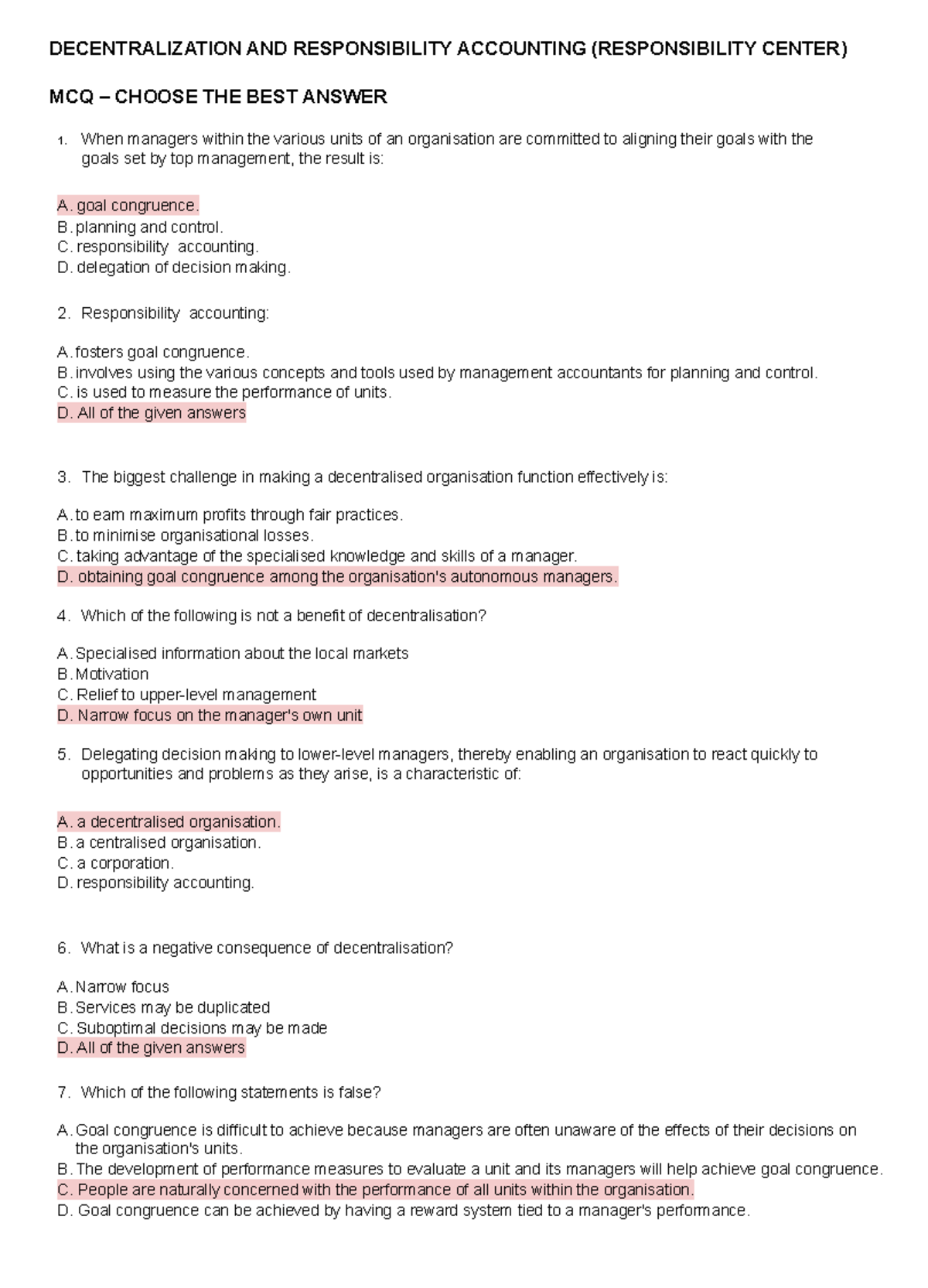 Activity 3 MCQ decentralization responsibility accounting - MAF551 ...