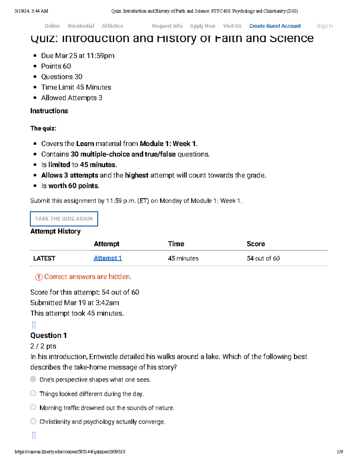 Quiz Introduction and History of Faith and Science PSYC420 Psychology ...
