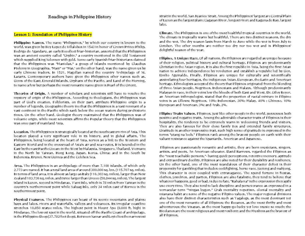 Readings in Philippine History - Readings in Philippine History Lesson ...