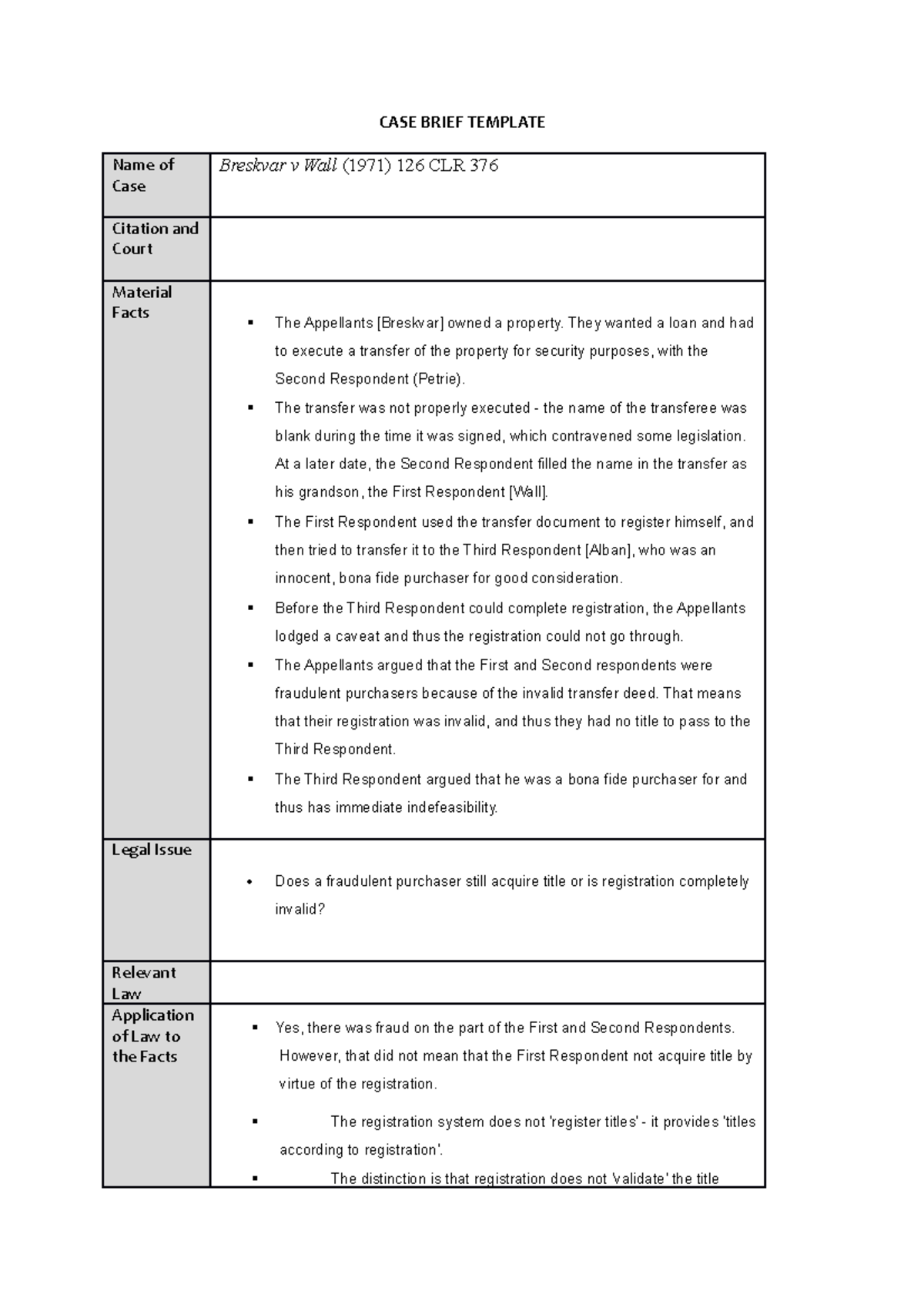 Case Brief Week 7 - Case summary - CASE BRIEF TEMPLATE Name of Case Breskvar v Wall (1971) 126 ...