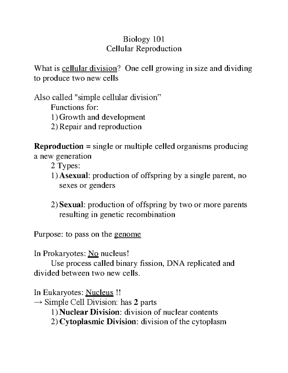 Biology 101 Section 5 Cellular Reproduction - Biology 101 Cellular ...