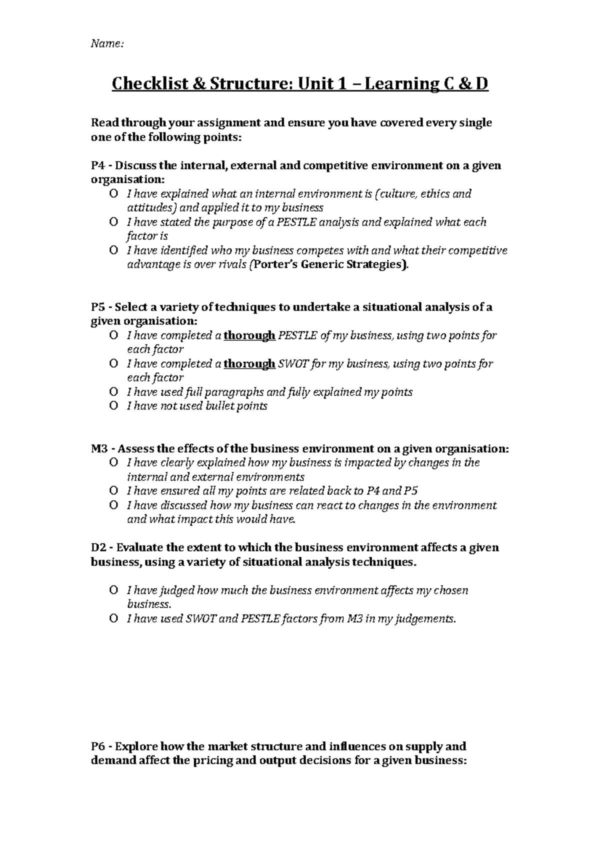 Unit 1 - Learning C & D Assignment Checklist - Name: Checklist ...
