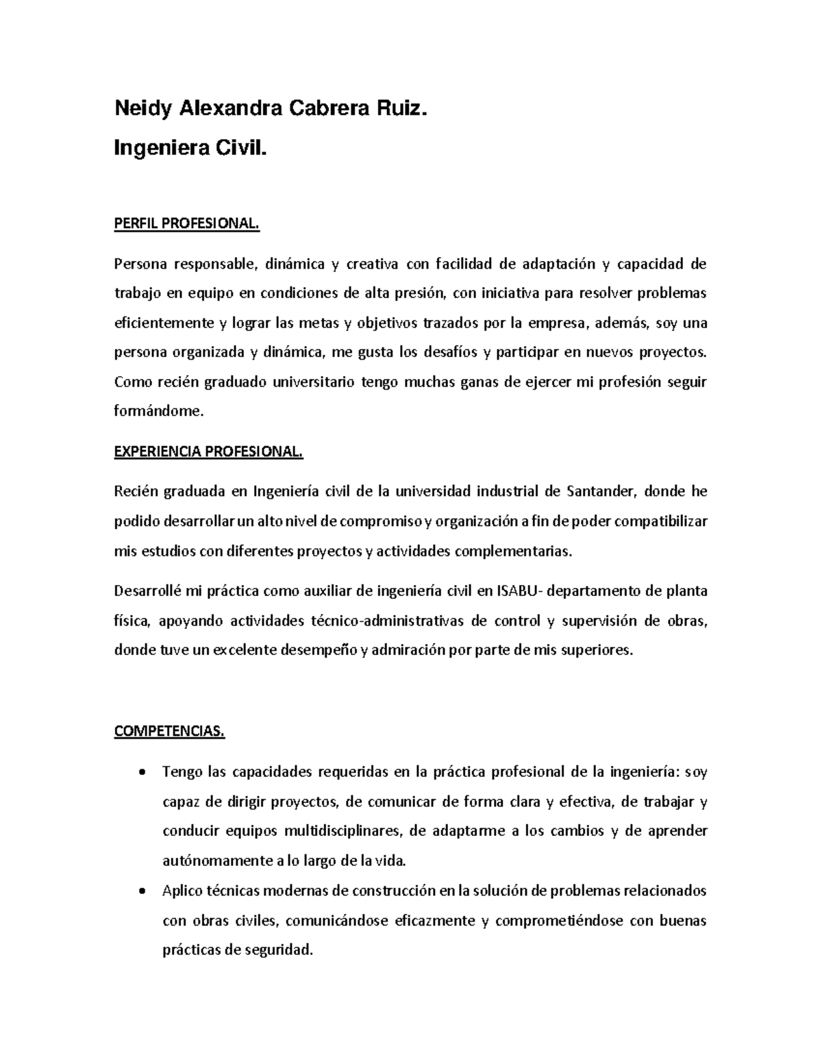 HOJA DE VIDA - TRABAJOS - Neidy Alexandra Cabrera Ruiz. Ingeniera Civil ...