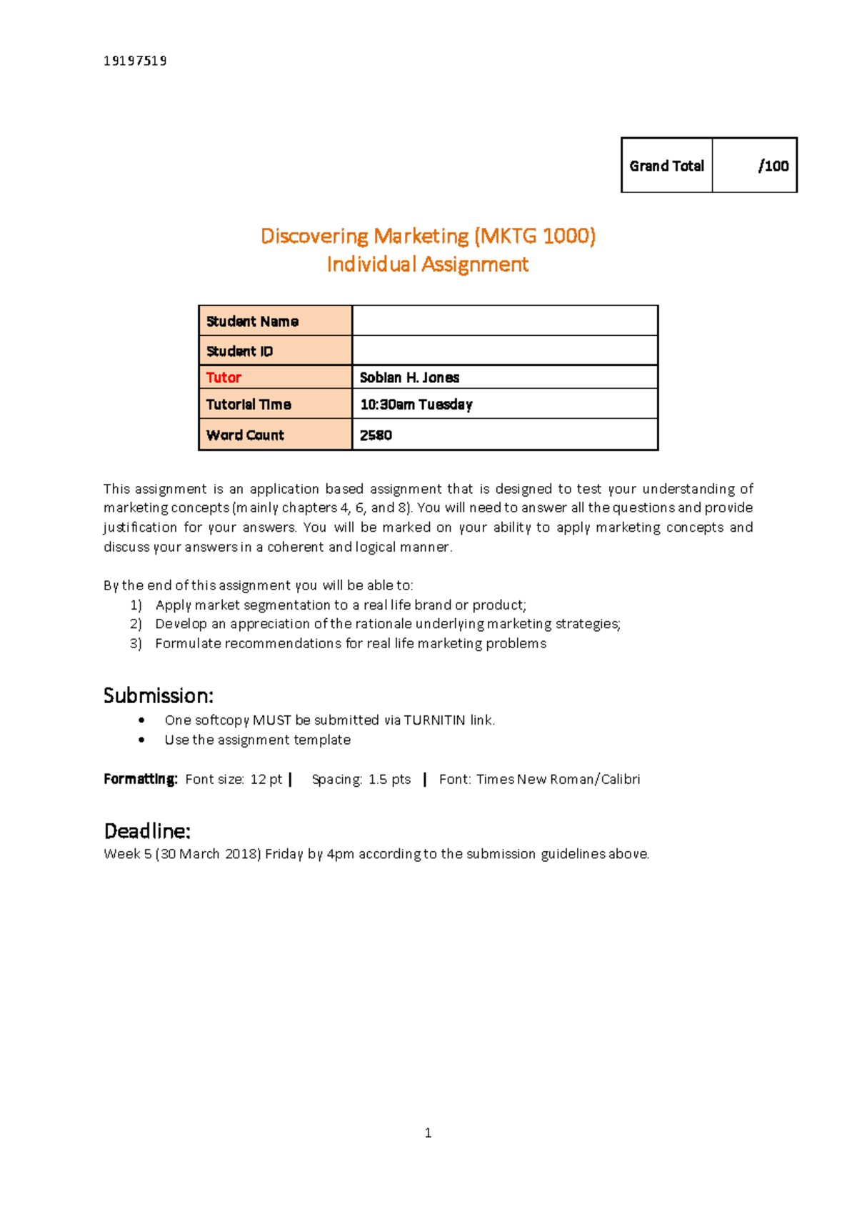 MKTG 1000 Individual Assignment - 19197519 Grand Total / 100 ...