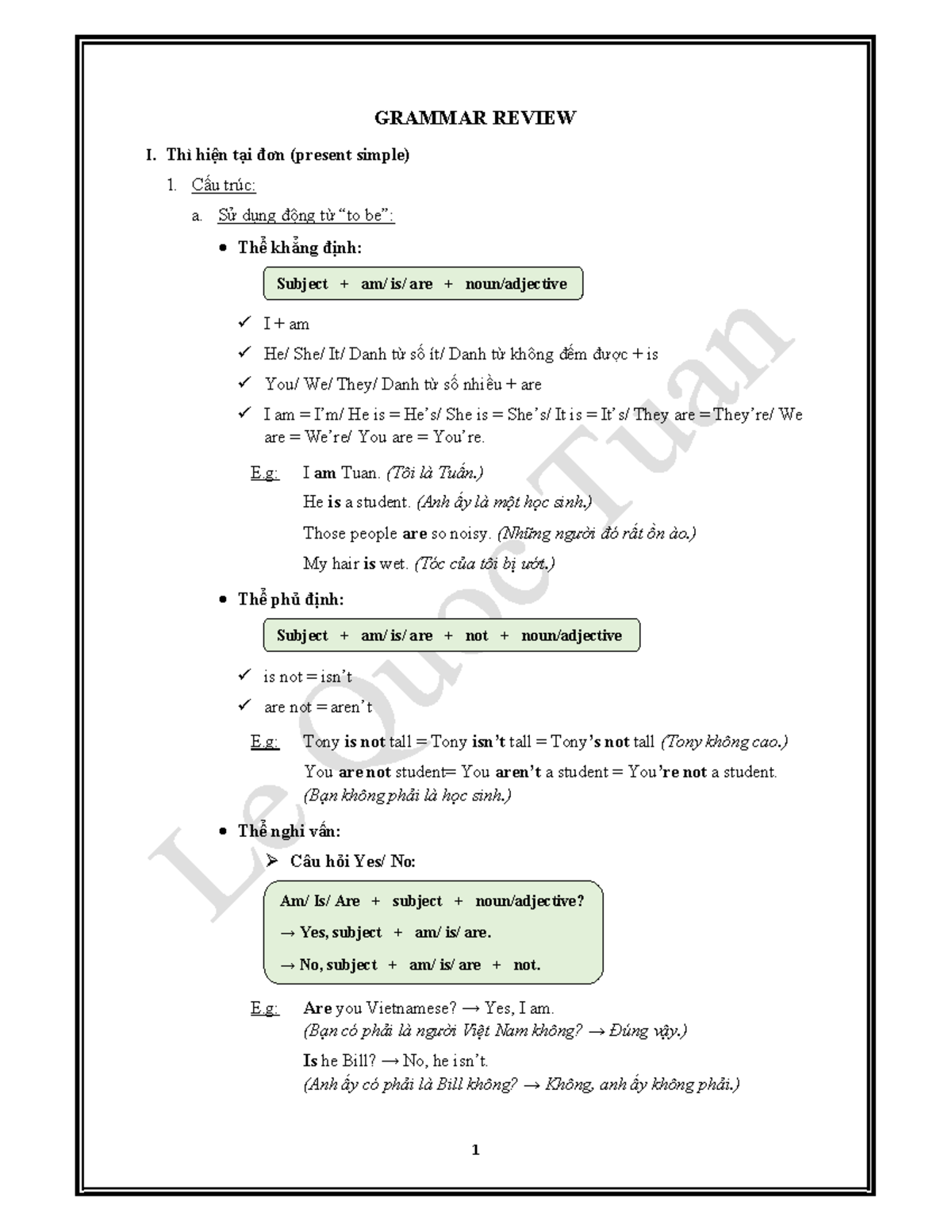 Grammar Review - ddasd đáe kk ll hh gg - GRAMMAR REVIEW I. Thì hiện tại ...